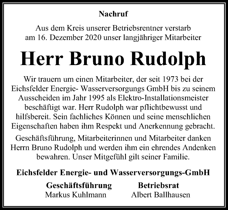 Traueranzeigen von Bruno Rudolph | trauer-anzeigen.de