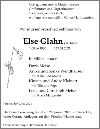 Traueranzeigen von Else Glahn | trauer-anzeigen.de