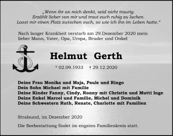 Traueranzeigen von Helmut Gerth | trauer-anzeigen.de