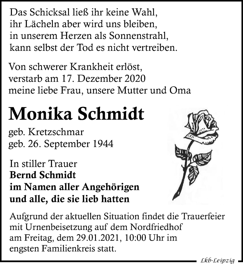 Traueranzeigen von Monika Schmidt | trauer-anzeigen.de