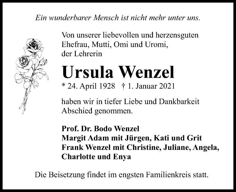 Traueranzeigen von Ursula Wenzel | trauer-anzeigen.de