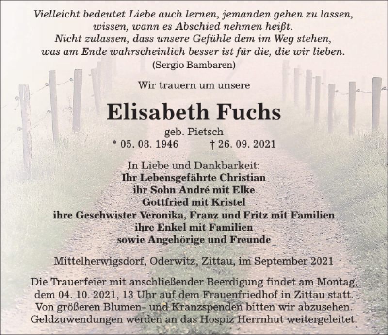 Traueranzeigen von Elisabeth Fuchs | trauer-anzeigen.de