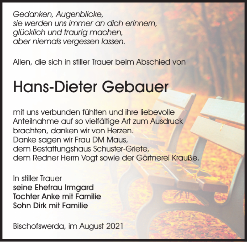 Traueranzeigen von Hans-Dieter Gebauer | trauer-anzeigen.de