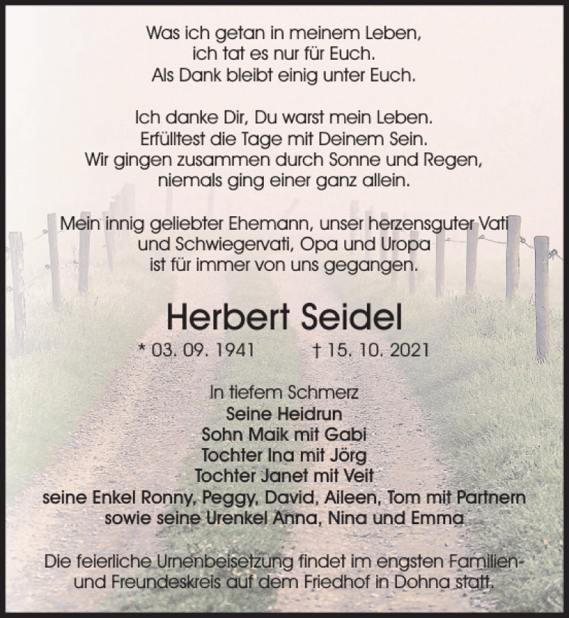 Traueranzeigen von Herbert Seidel | trauer-anzeigen.de