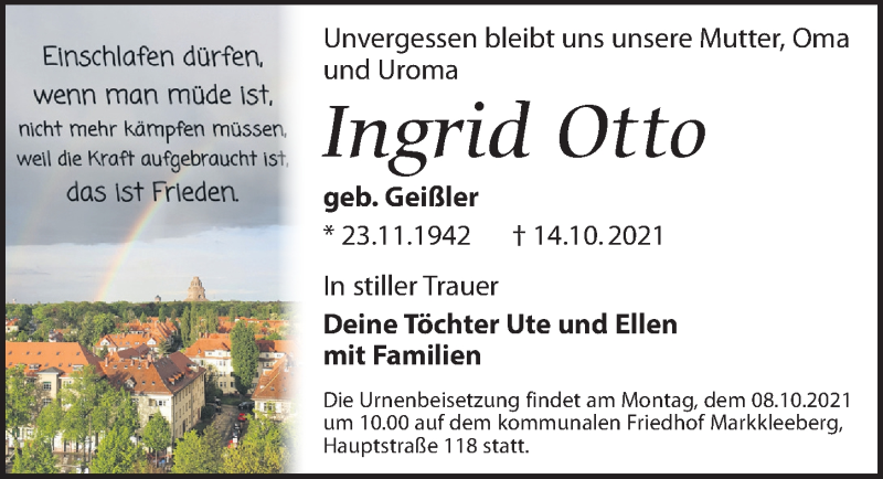 Traueranzeigen von Ingrid Otto | trauer-anzeigen.de