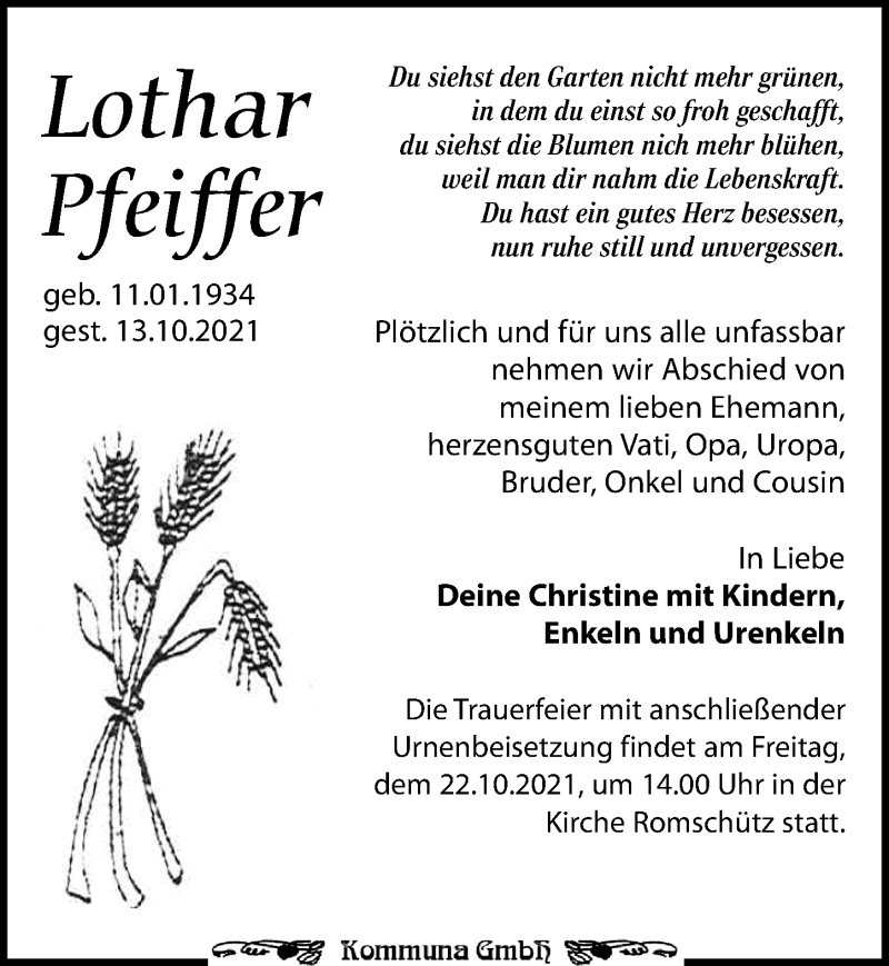 Traueranzeigen von Lothar Pfeiffer | trauer-anzeigen.de
