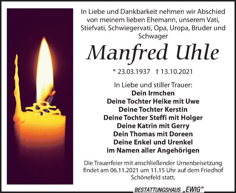 Traueranzeigen von Manfred Uhle | trauer-anzeigen.de