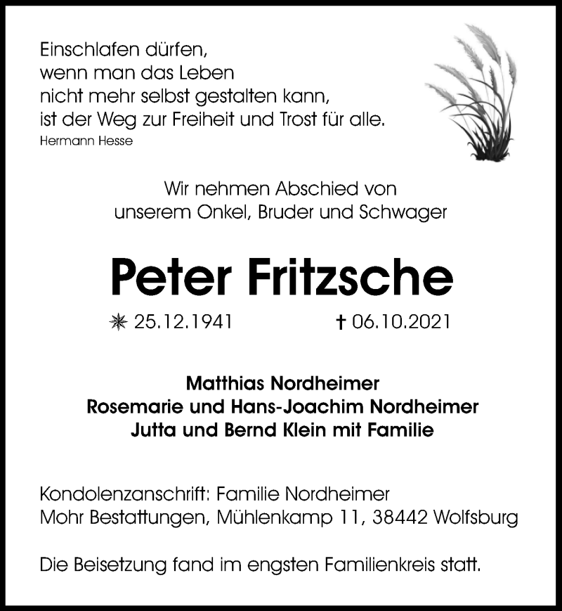 Traueranzeigen von Peter Fritzsche | trauer-anzeigen.de
