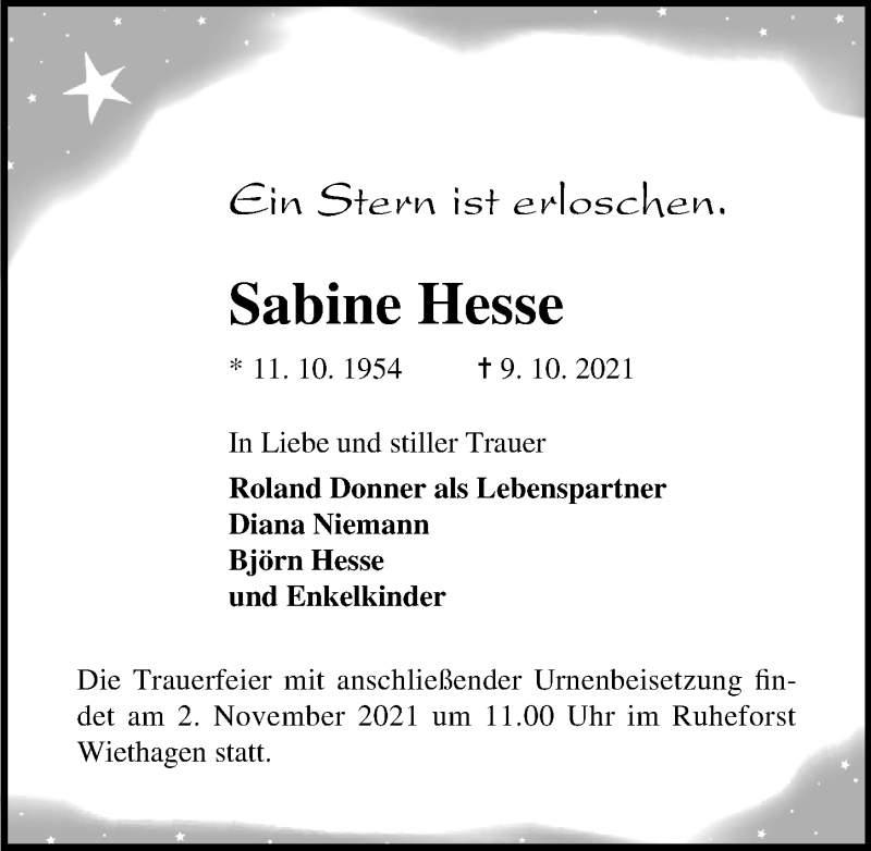 Traueranzeigen von Sabine Hesse | trauer-anzeigen.de