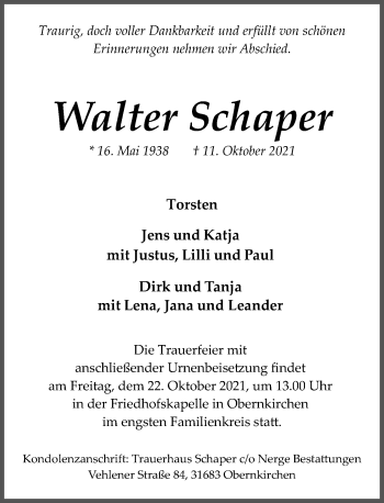 Traueranzeigen von Walter Schaper | trauer-anzeigen.de