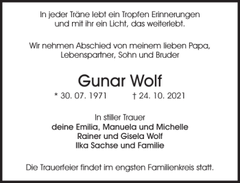 Traueranzeigen von Gunar Wolf | trauer-anzeigen.de