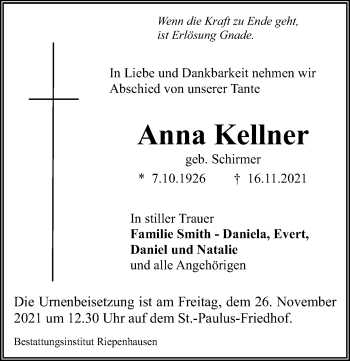Traueranzeigen von Anna Kellner | trauer-anzeigen.de