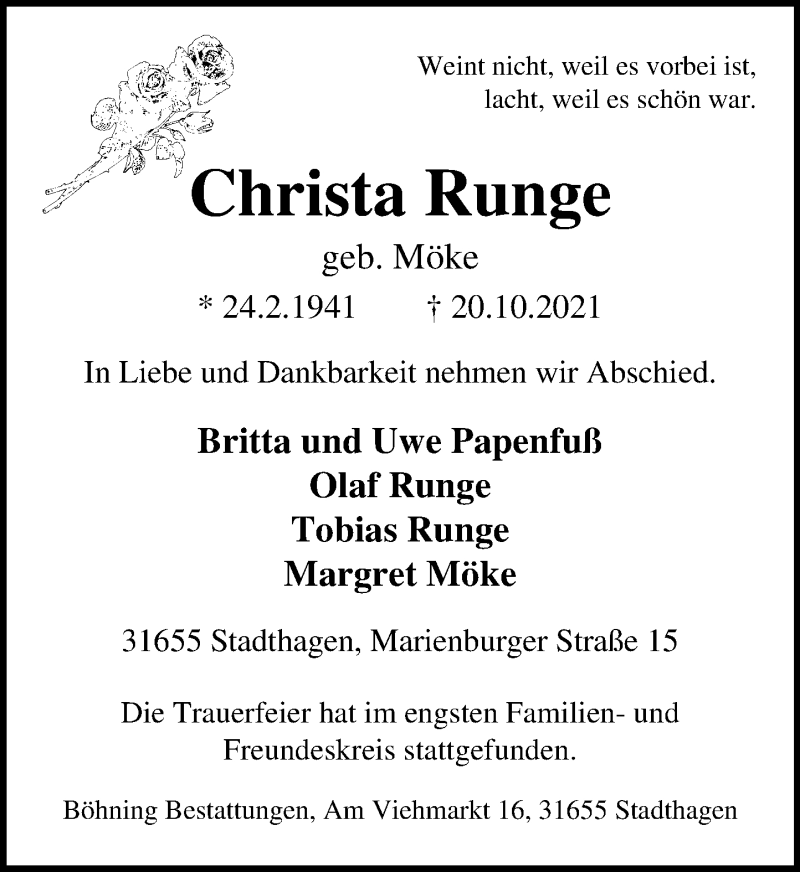 Traueranzeigen von Christa Runge | trauer-anzeigen.de