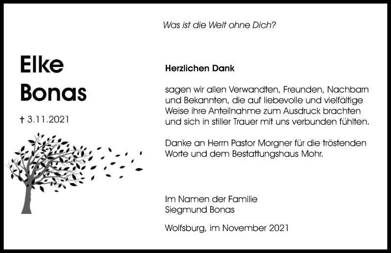 Traueranzeigen von Elke Bonas | trauer-anzeigen.de