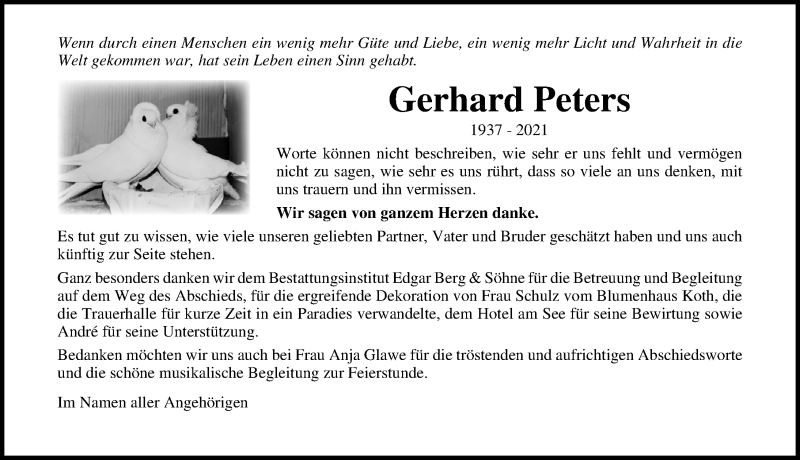 Traueranzeigen von Gerhard Peters | trauer-anzeigen.de