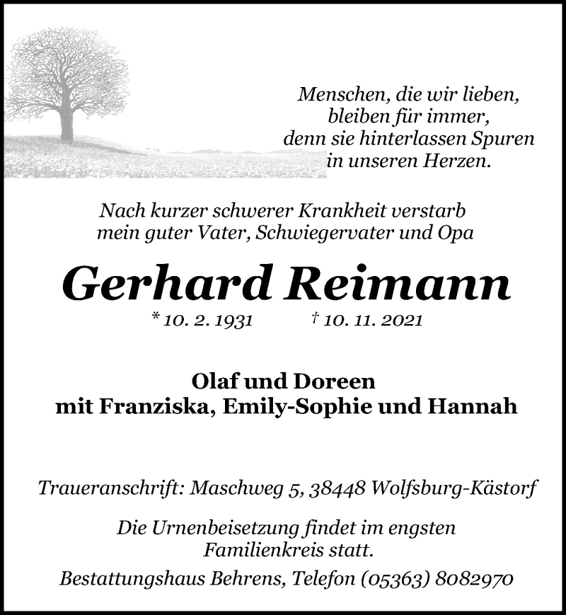 Traueranzeigen von Gerhard Reimann | trauer-anzeigen.de