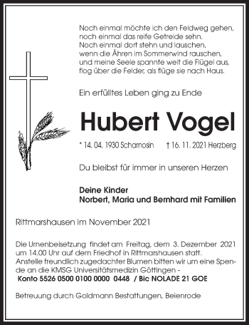 Traueranzeigen von Hubert Vogel | trauer-anzeigen.de