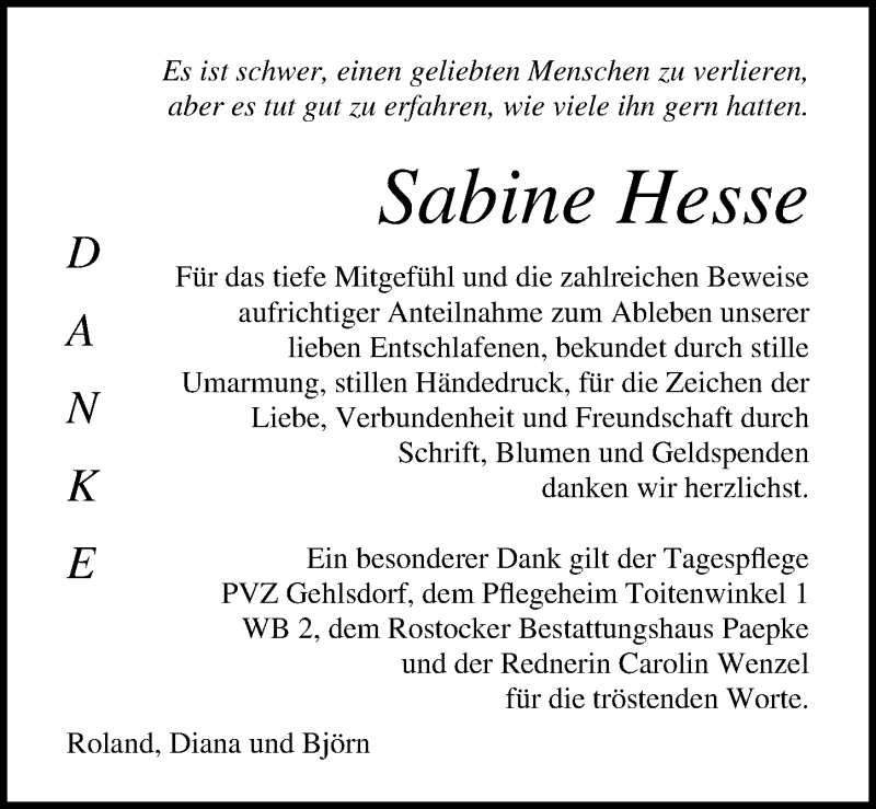 Traueranzeigen von Sabine Hesse | trauer-anzeigen.de