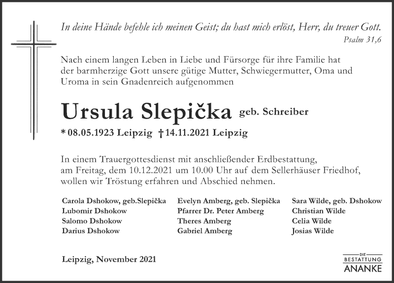 Traueranzeigen von Ursula Slepicka | trauer-anzeigen.de