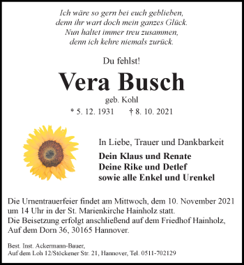 Traueranzeigen von Vera Busch | trauer-anzeigen.de
