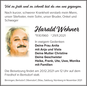 Traueranzeigen von Harald Wehner | trauer-anzeigen.de