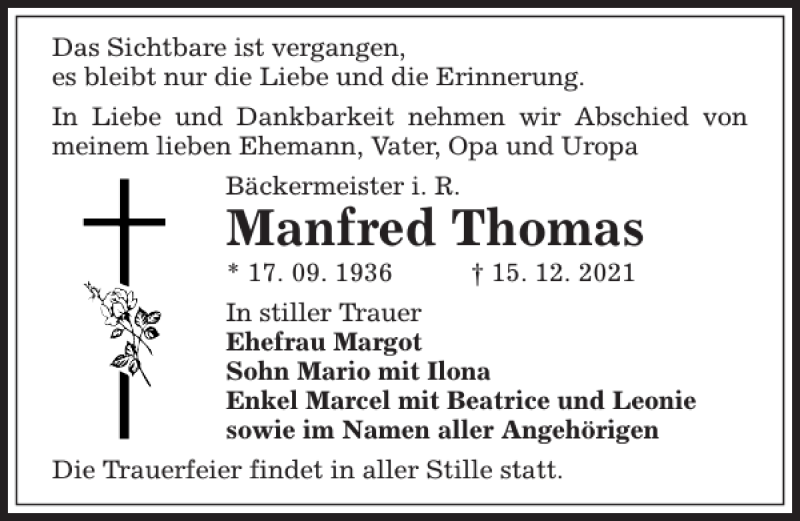 Traueranzeigen von Manfred Thomas | trauer-anzeigen.de