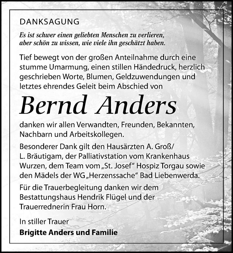 Traueranzeigen von Bernd Anders | trauer-anzeigen.de