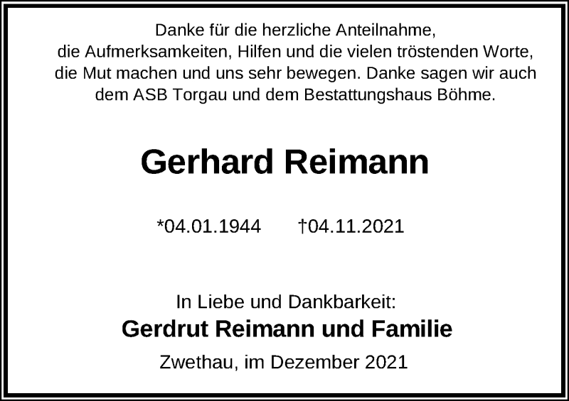 Traueranzeigen von Gerhard Reimann | trauer-anzeigen.de