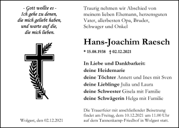 Traueranzeigen von Hans-Joachim Raesch | trauer-anzeigen.de