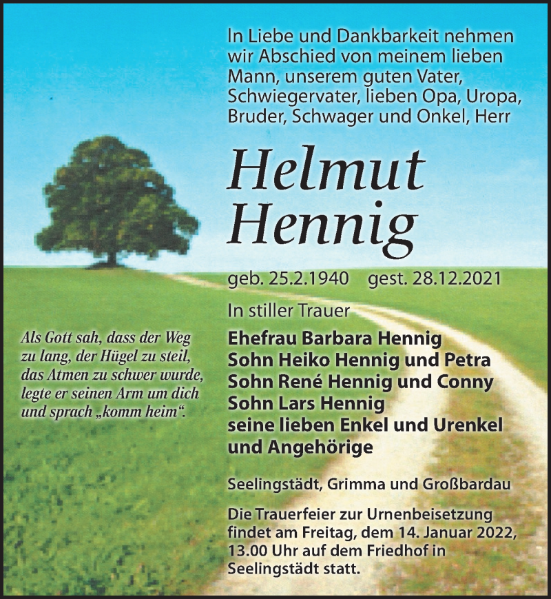 Traueranzeigen von Helmut Hennig | trauer-anzeigen.de