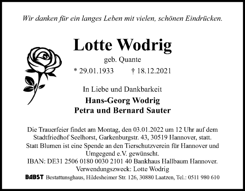 Traueranzeigen von Lotte Wodrig | trauer-anzeigen.de