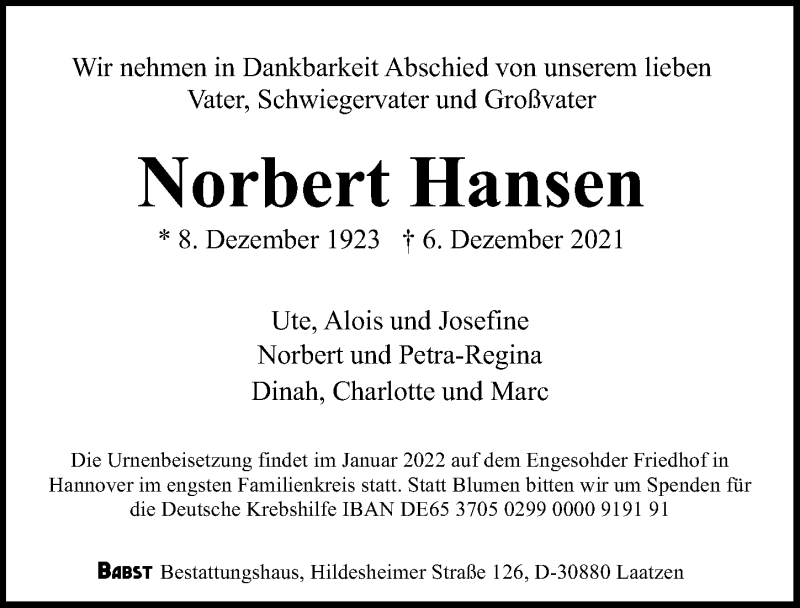 Traueranzeigen von Norbert Hansen | trauer-anzeigen.de