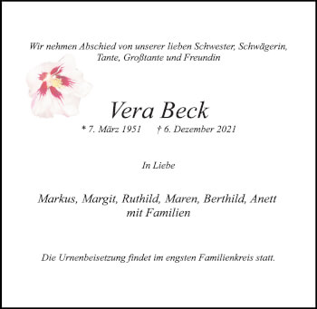Traueranzeigen von Vera Beck | trauer-anzeigen.de