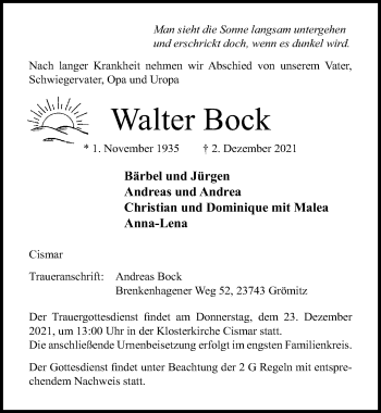 Traueranzeigen von Walter Bock | trauer-anzeigen.de