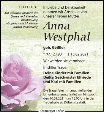 Traueranzeigen von Anna Westphal | trauer-anzeigen.de