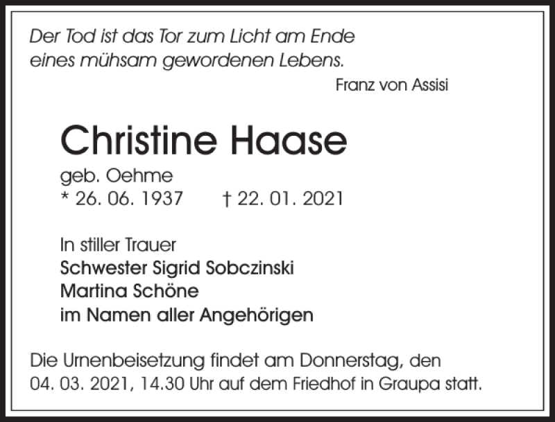 Traueranzeigen von Christine Haase | trauer-anzeigen.de