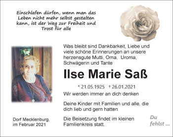 Traueranzeigen von Ilse Marie Saß | trauer-anzeigen.de