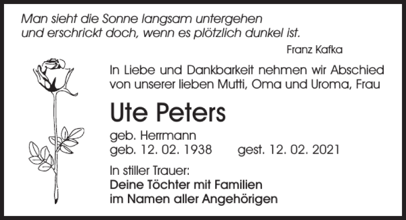 Traueranzeigen von Ute Peters | trauer-anzeigen.de