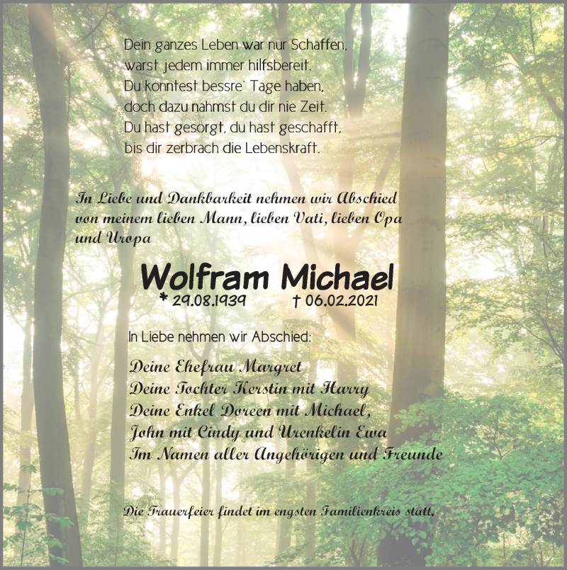 Traueranzeigen von Wolfram Michael | trauer-anzeigen.de