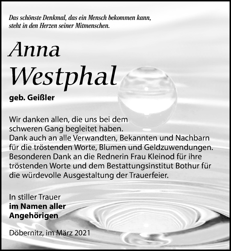 Traueranzeigen von Anna Westphal | trauer-anzeigen.de