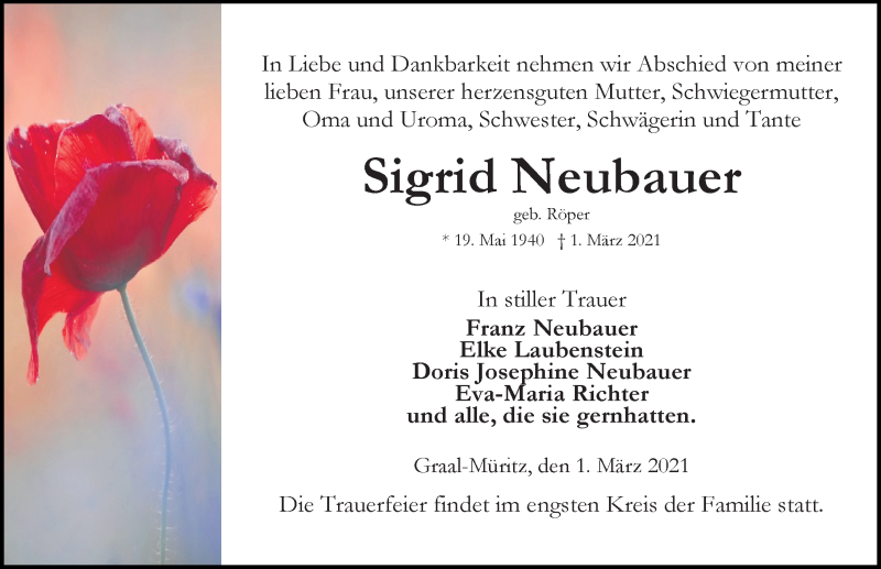 Traueranzeigen von Sigrid Neubauer | trauer-anzeigen.de