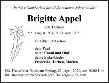 Traueranzeigen von Brigitte Appel | trauer-anzeigen.de