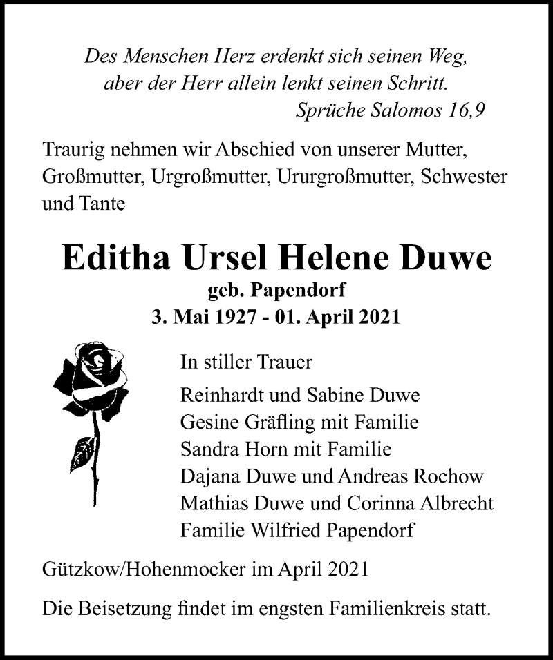Traueranzeigen von Editha Ursel Helene Duwe | trauer-anzeigen.de