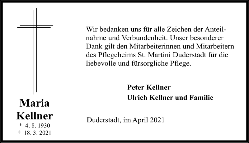 Traueranzeigen von Maria Kellner | trauer-anzeigen.de
