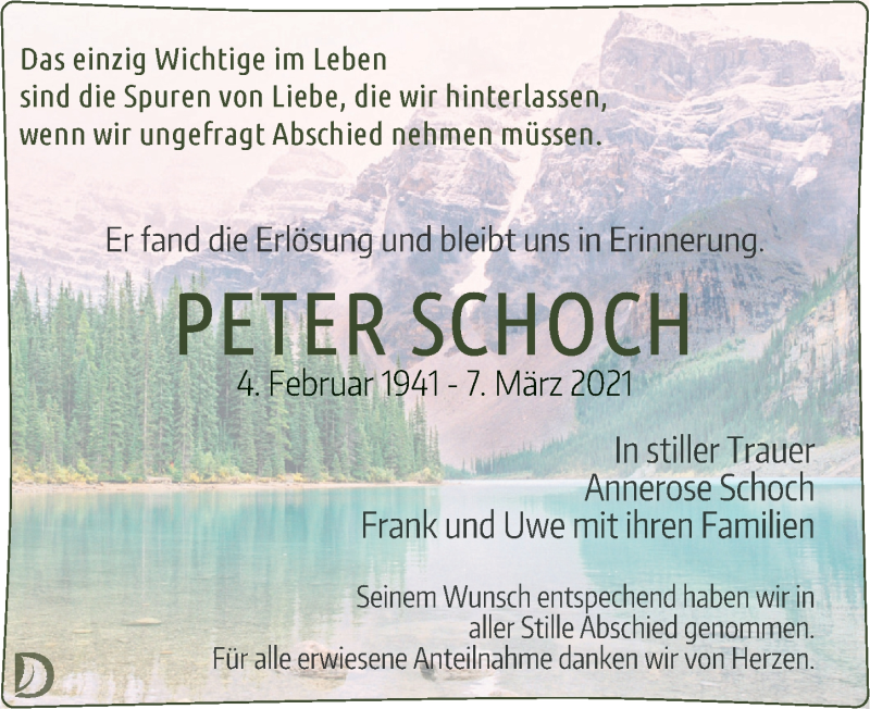 Traueranzeigen von Peter Schoch | trauer-anzeigen.de