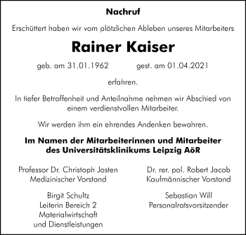 Traueranzeigen von Rainer Kaiser | trauer-anzeigen.de