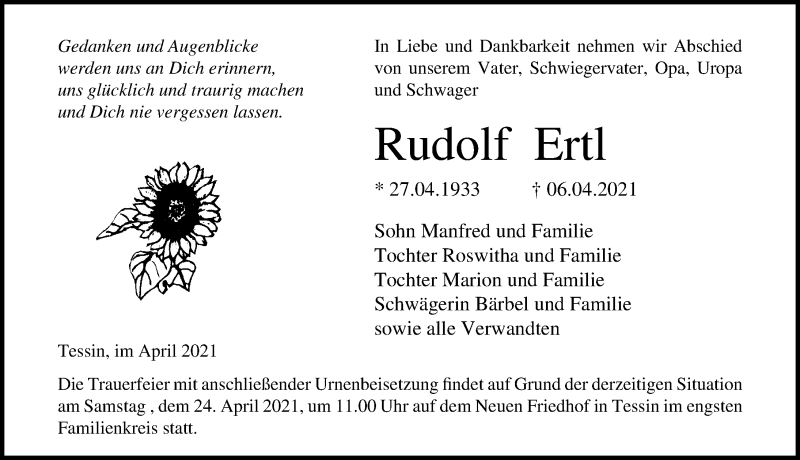 Traueranzeigen von Rudolf Ertl | trauer-anzeigen.de