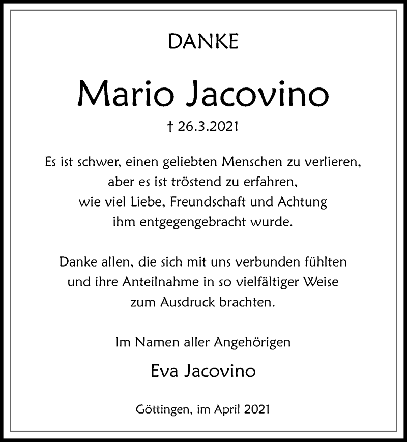 Traueranzeigen von Mario Jacovino | trauer-anzeigen.de