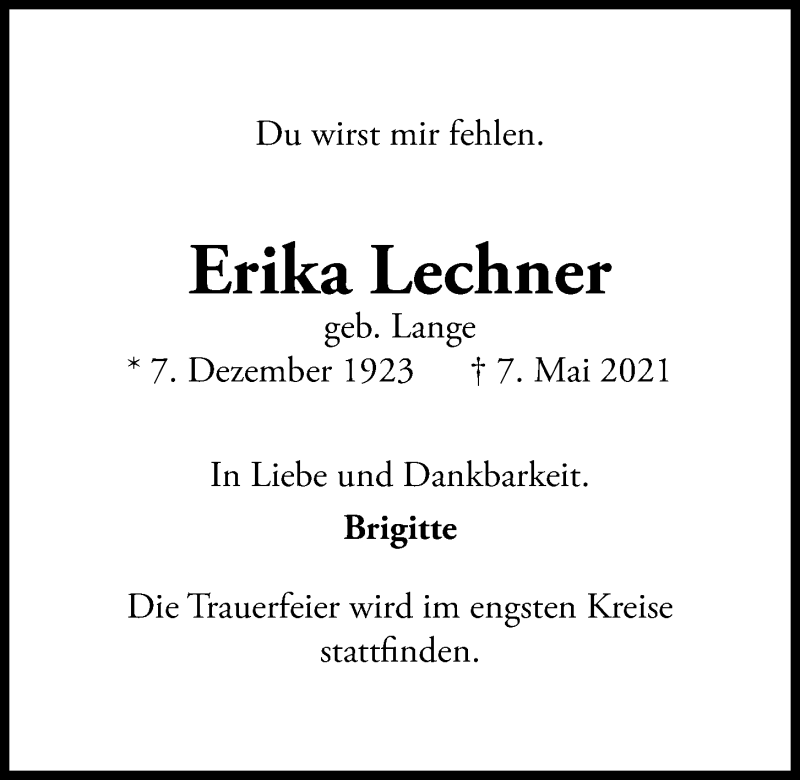 Traueranzeigen von Erika Lechner | trauer-anzeigen.de