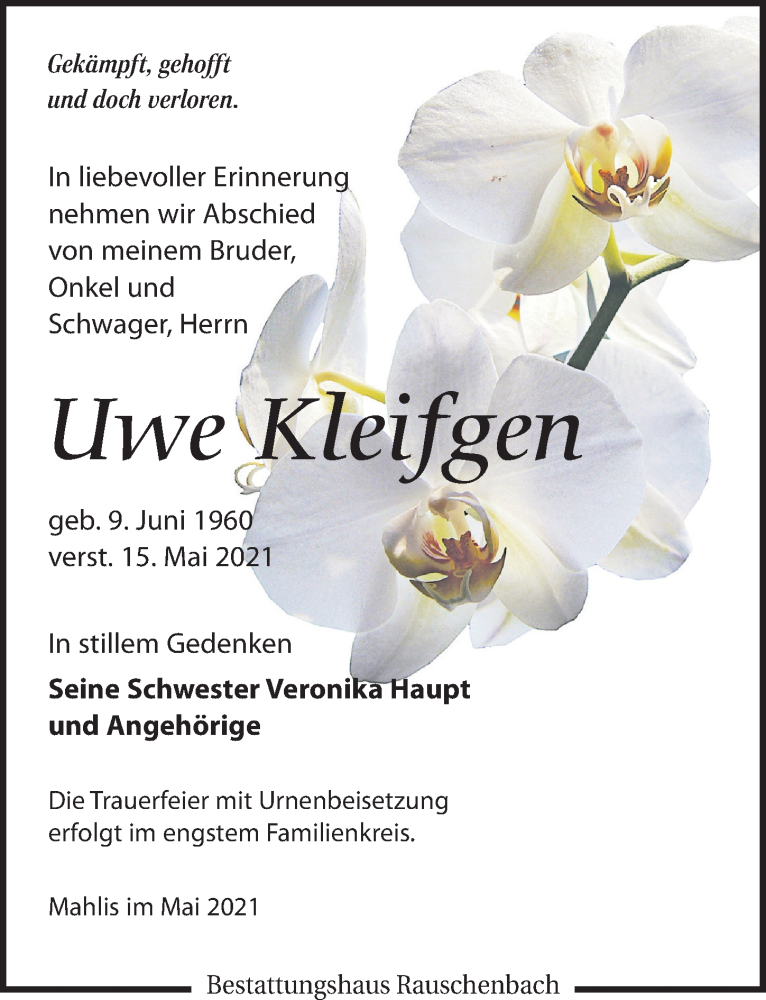 Traueranzeigen von Uwe Kleifgen | trauer-anzeigen.de